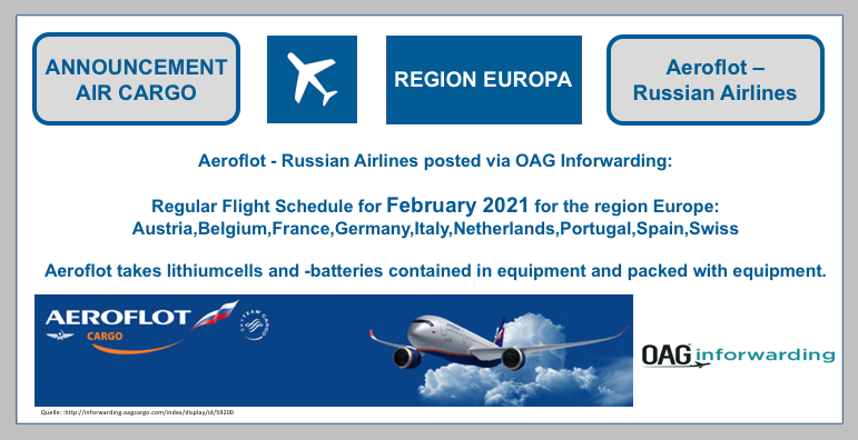 Announcement air cargo Aeroflot-Russian Airlines posted via OAG ...